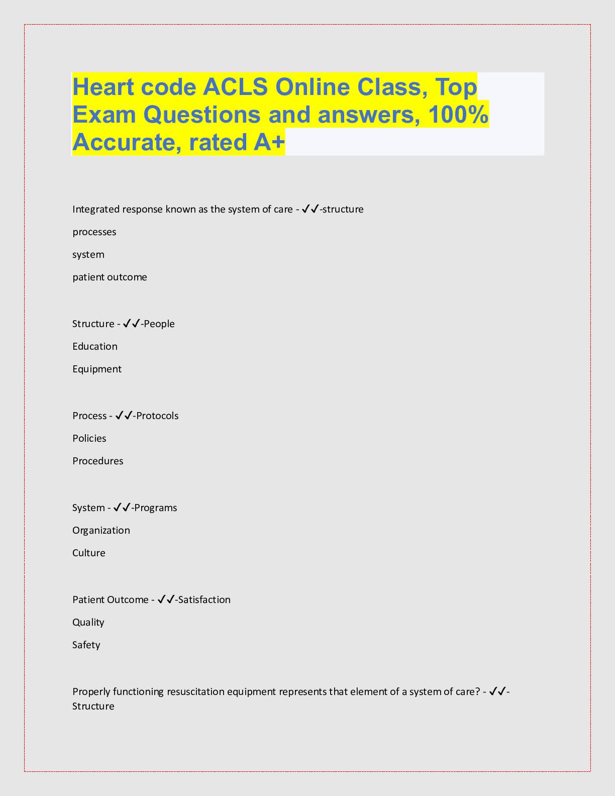 Heart code ACLS Online Class, Top Exam Questions and answers, 100% Accurate, rated A+ ...